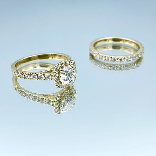 Round-Cut Diamond Halo Engagement Ring with a Halfway Band Ring in 14K ...